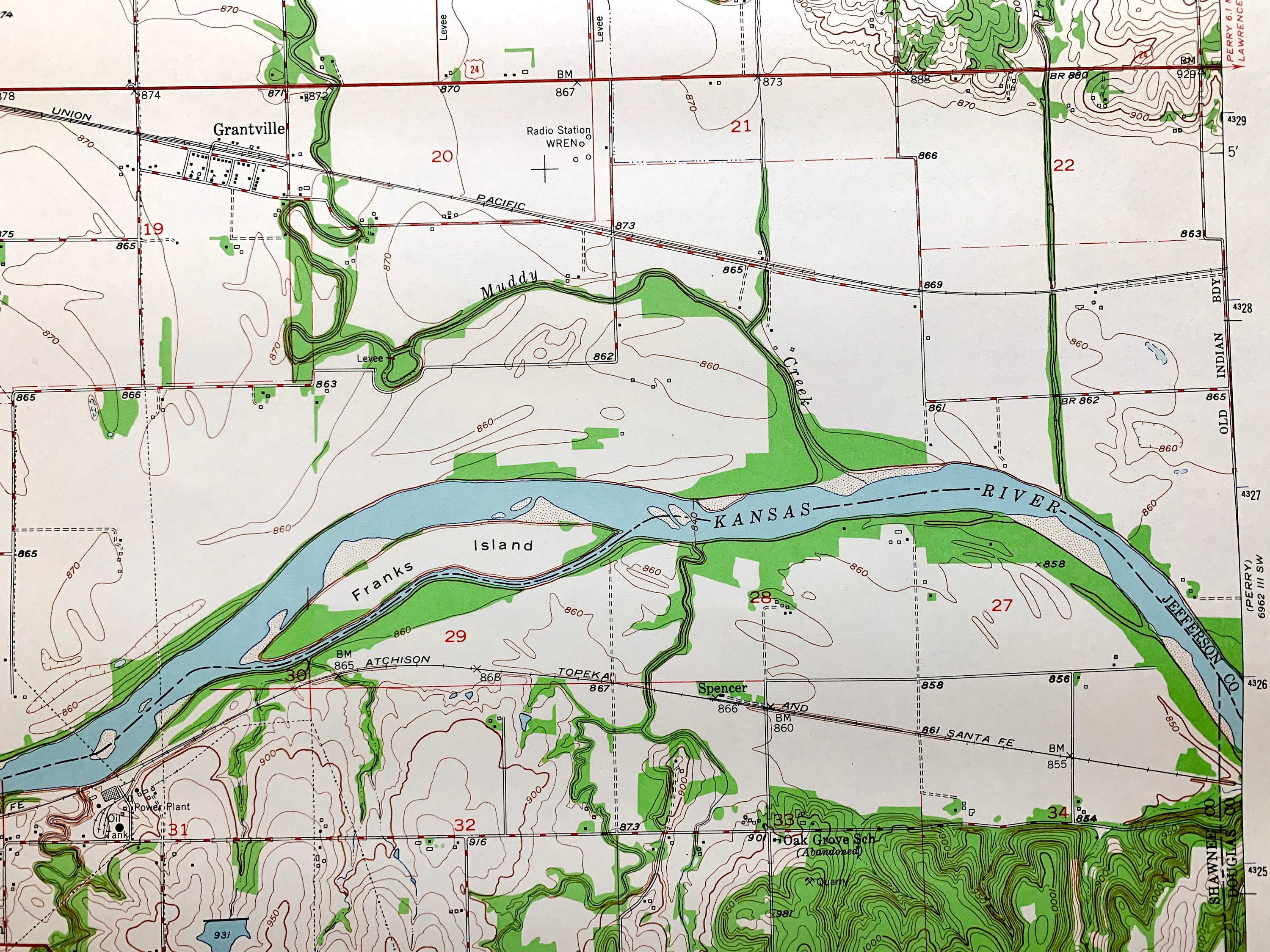 Antique Grantville, Kansas 1950 US Geological Survey Topographic Map ...