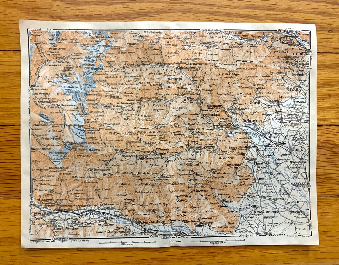 Antique 1913 Piedmont, Italy Map From Baedekers Guide – Torino, Alps ...