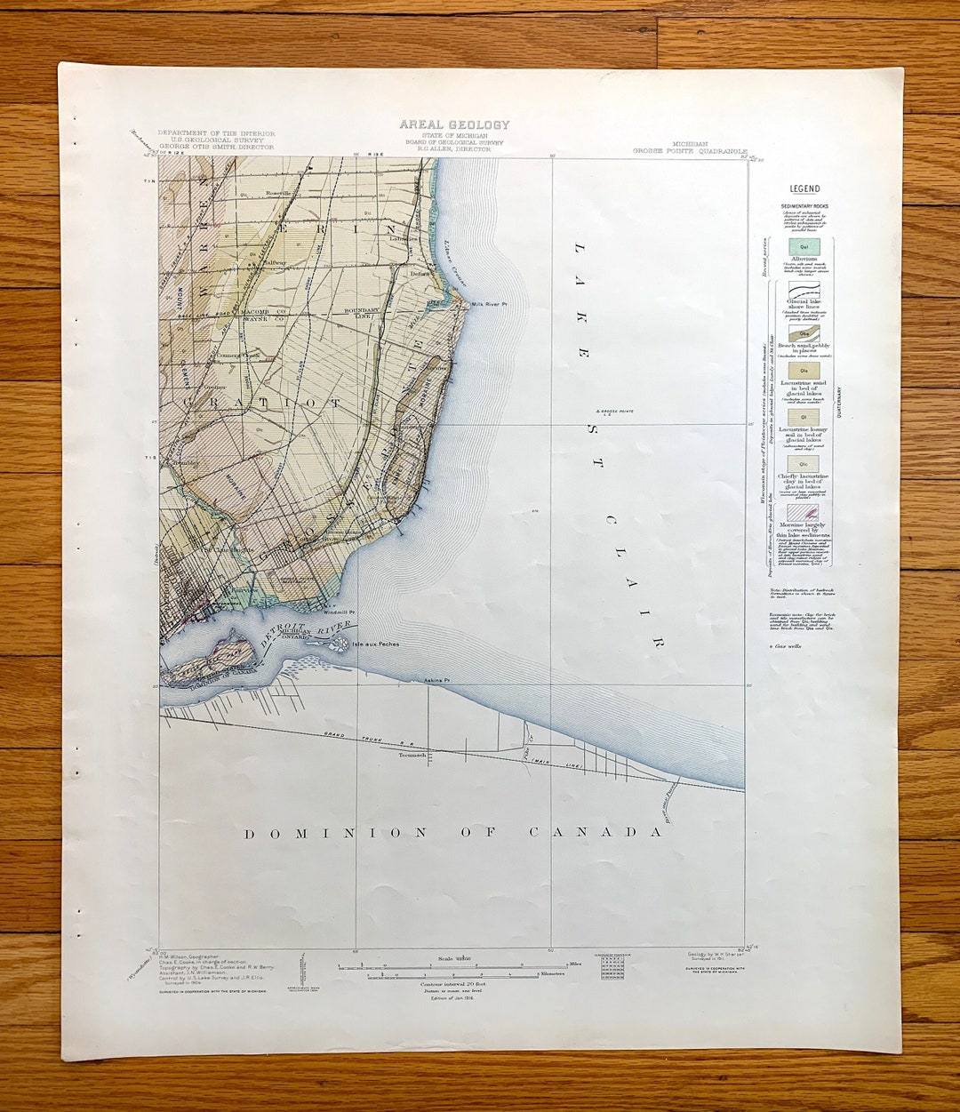 Antique Grosse Pointe, Michigan 1916 US Geological Survey Topographic Map – Grossepoint, Gratiot ...