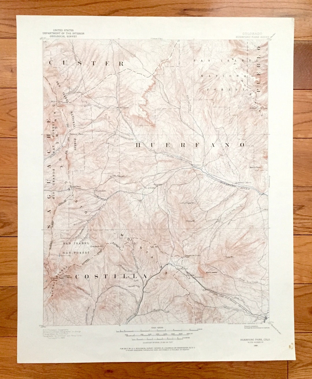 Antique Huerfano Park, Colorado 1889 US Geological Survey Topographic ...