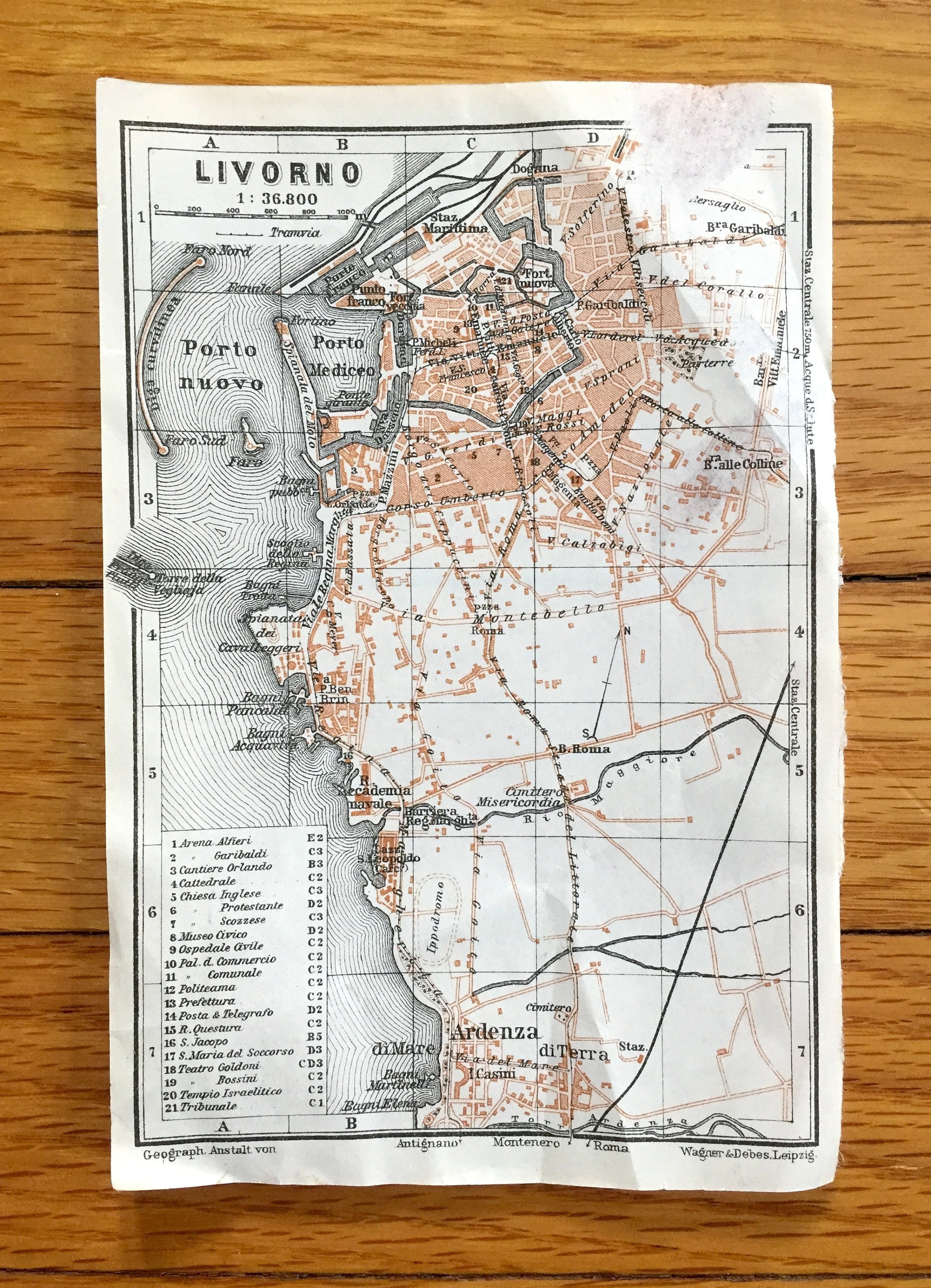 Antique 1913 Livorno, Italy Map From Baedekers Guide – Tuscany ...