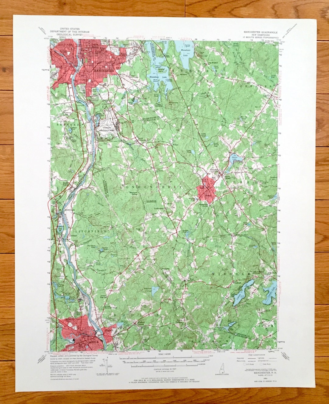 Antique Manchester, New Hampshire 1953 US Geological Survey Topographic ...
