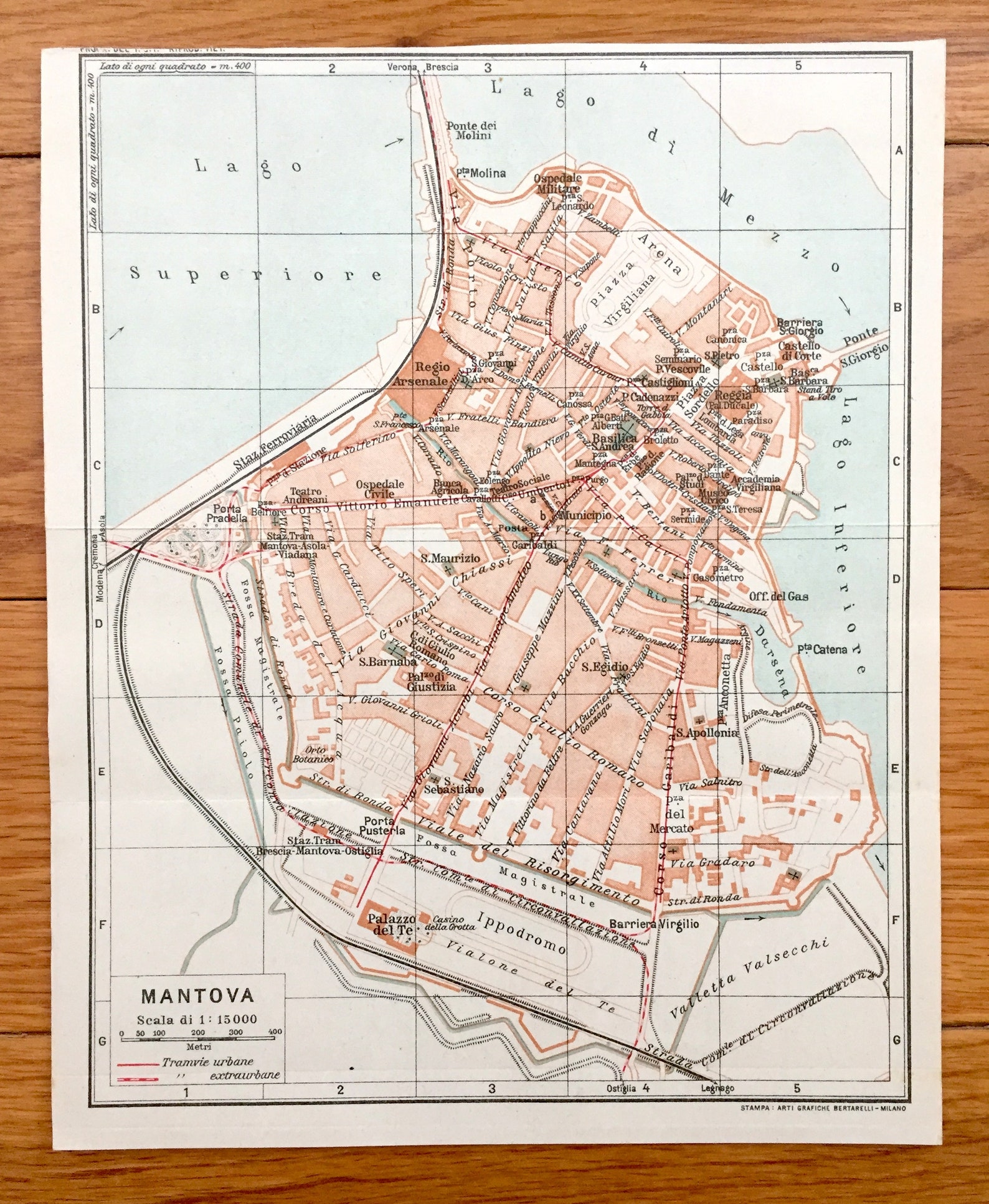 Antico 1937 Mantova, Italia Mappa da Muirs Blue Guide Baedekers Atlas ...