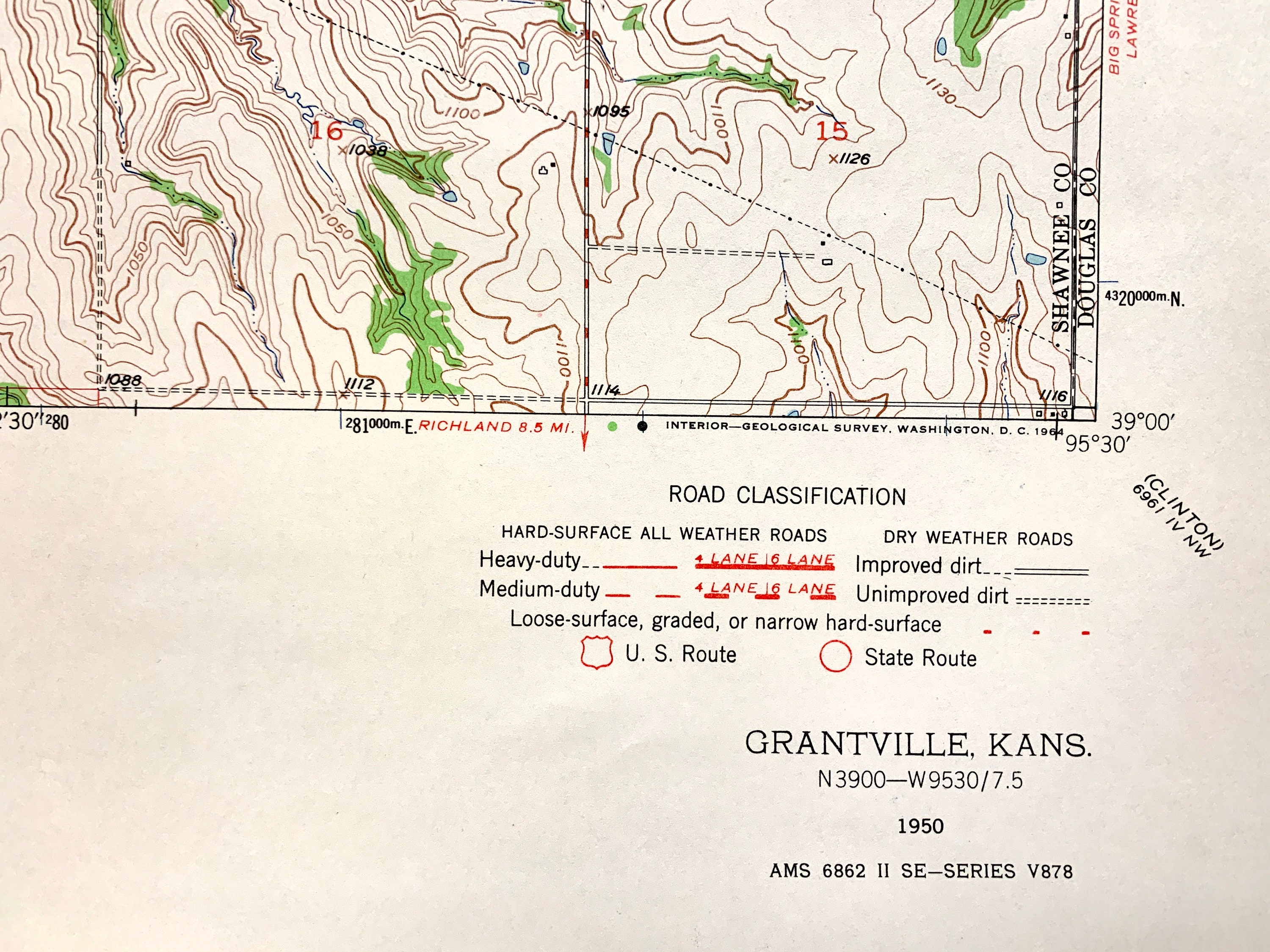 Antique Grantville, Kansas 1950 US Geological Survey Topographic Map ...