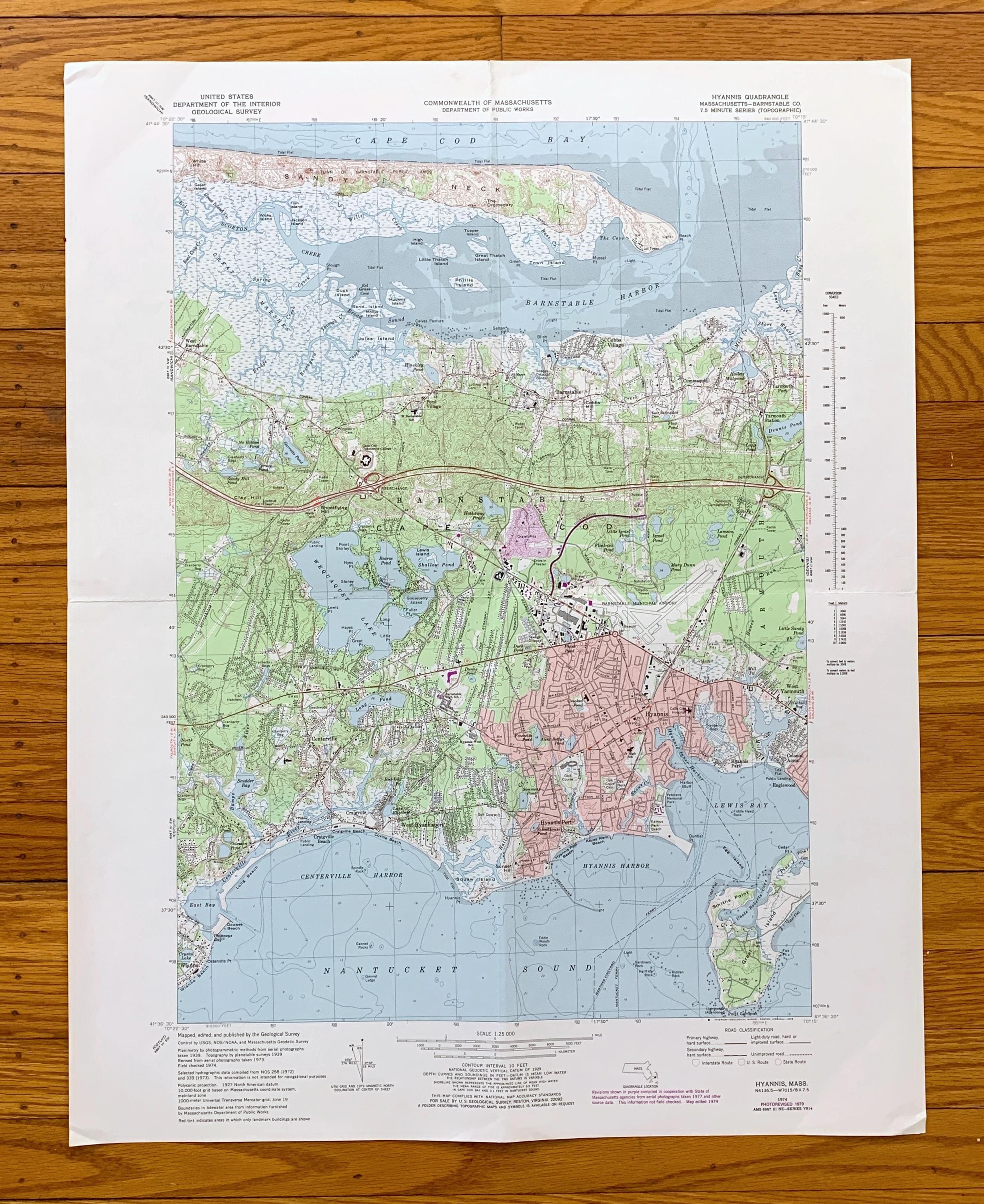 Antique Hyannis, Massachusetts 1974 US Geological Survey Topographic Map – Barnstable County ...