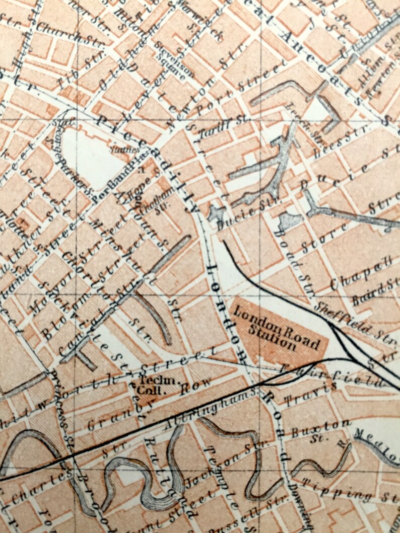 Antique 1927 Liverpool & Manchester, England Map From Baedekers Atlas ...