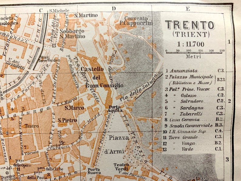 Antique 1913 Trento, Italy Map From From Baedekers Guide – Tyrol, River ...