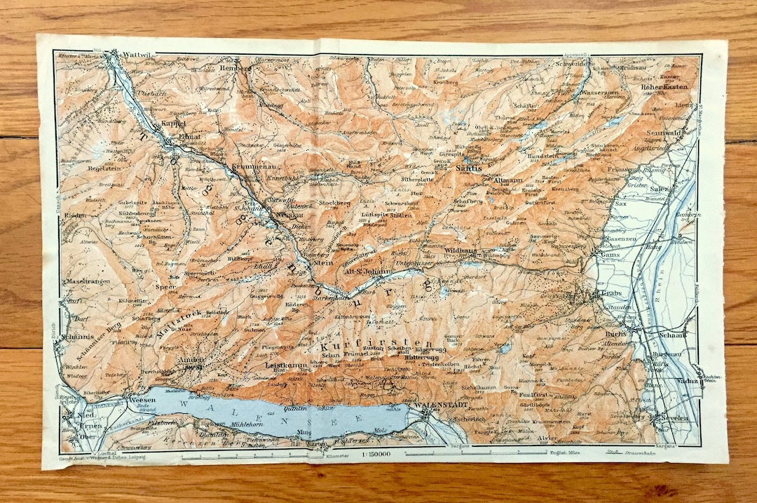 Antique 1913 Walenstadt, Switzerland Map From Baedekers Guide Atlas ...