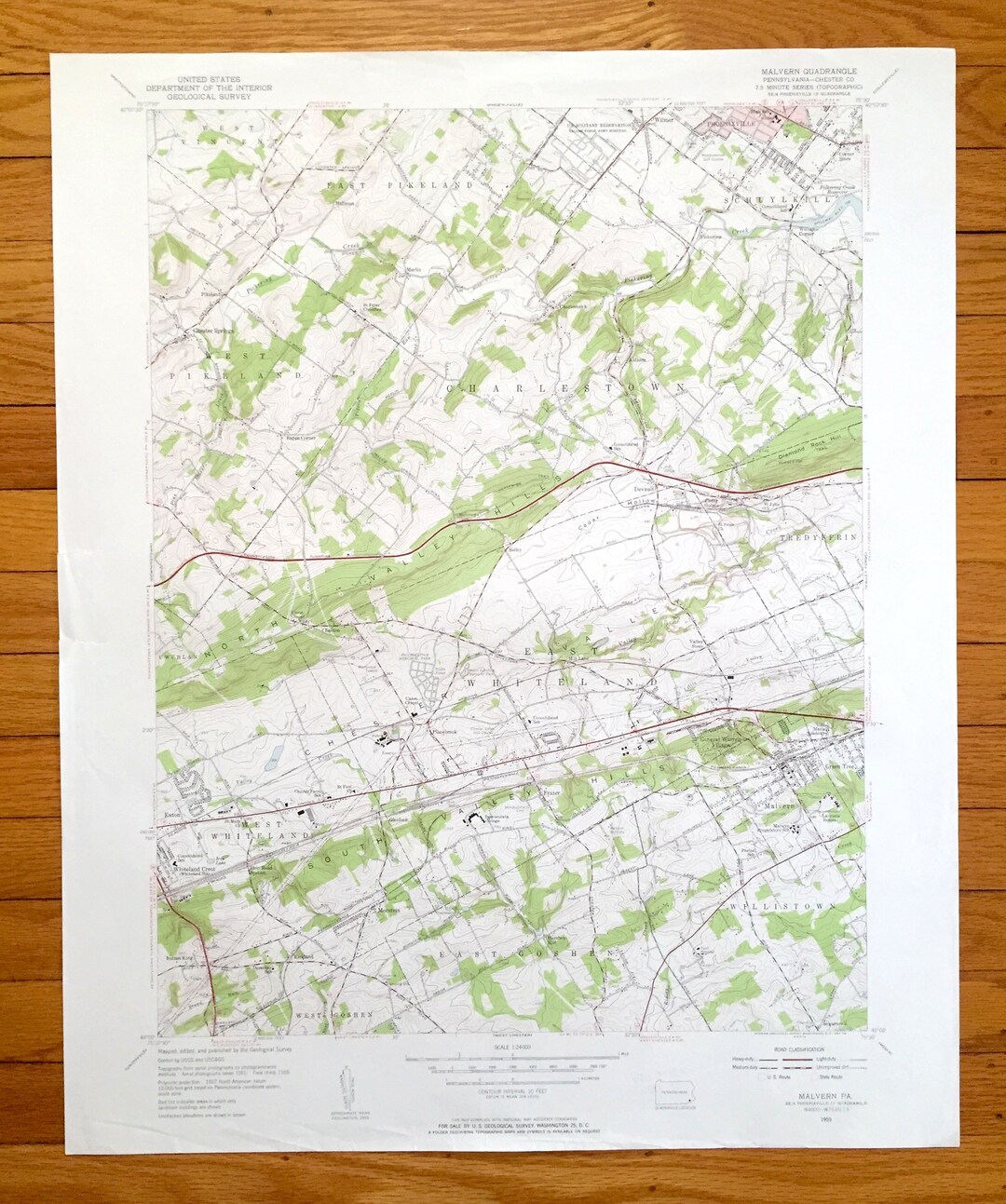Antique Malvern, Pennsylvania 1955 US Geological Survey Topographic Map ...