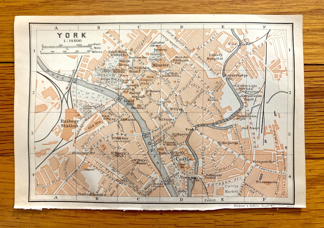 Antique 1906 York, England Map From Baedekers Atlas of Great Britain – Yorkshire, Humber ...