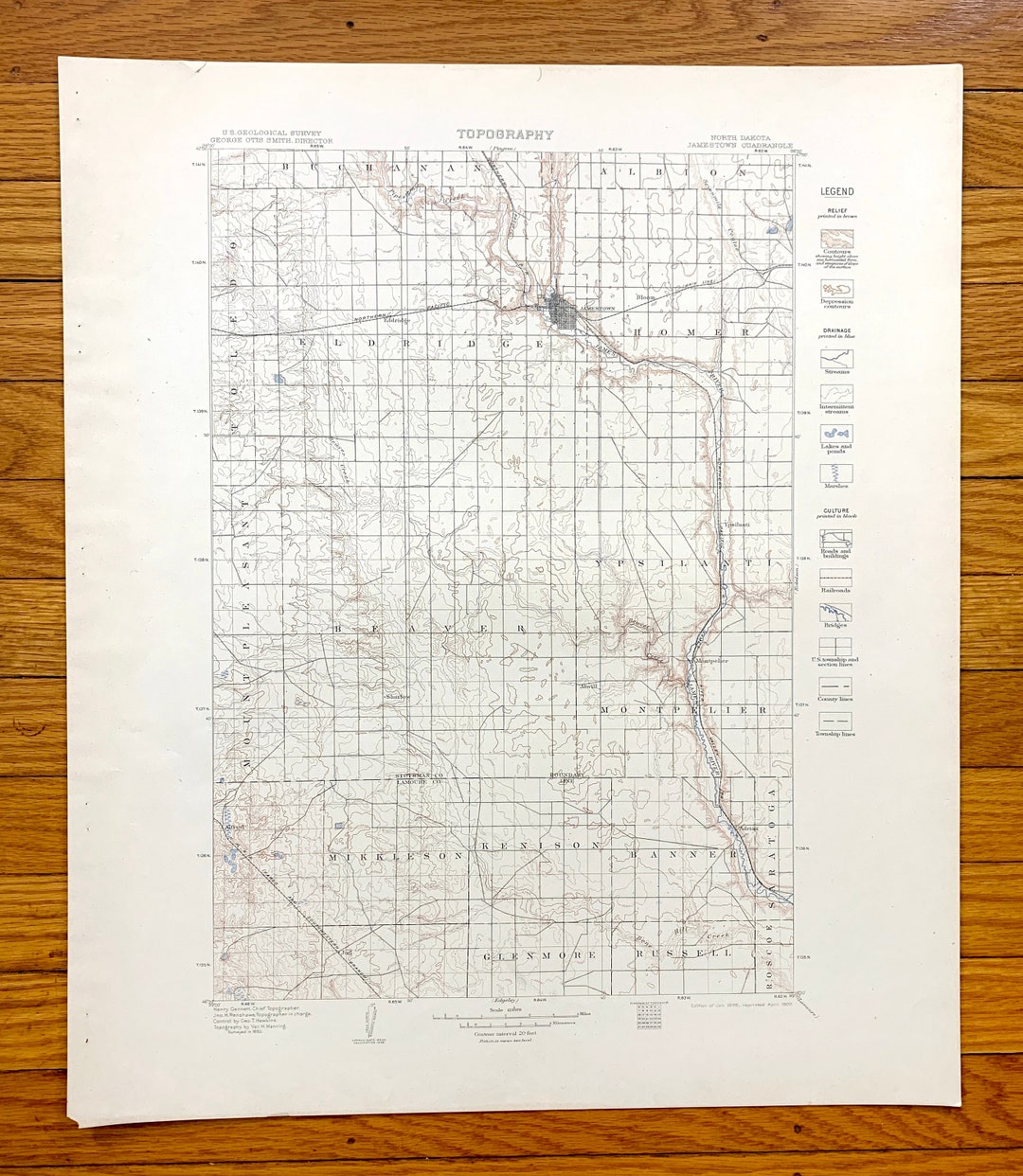 Antique Jamestown, North Dakota 1896 US Geological Survey Topographic ...