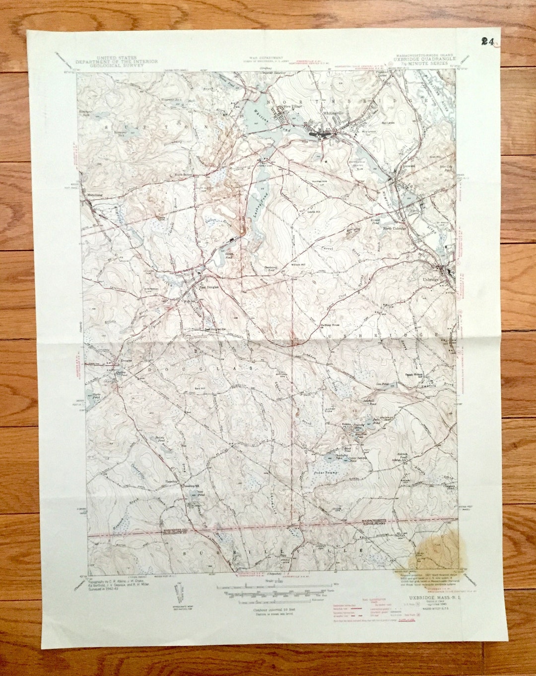 Antique Uxbridge, Massachusetts 1944 US Geological Survey Topographic ...