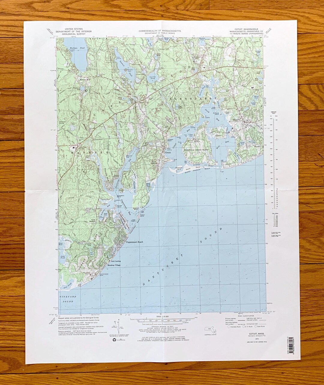 Antique Cotuit, Massachusetts 1974 US Geological Survey Topographic Map – Cape Cod, Mashpee ...