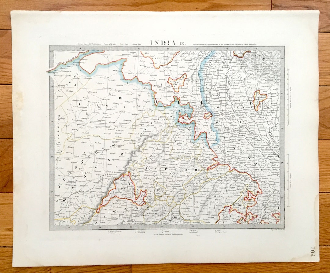 Antique 1856 India Map From SDUK Atlas Delhi, Jodphur, Jodpoor, Haryana ...