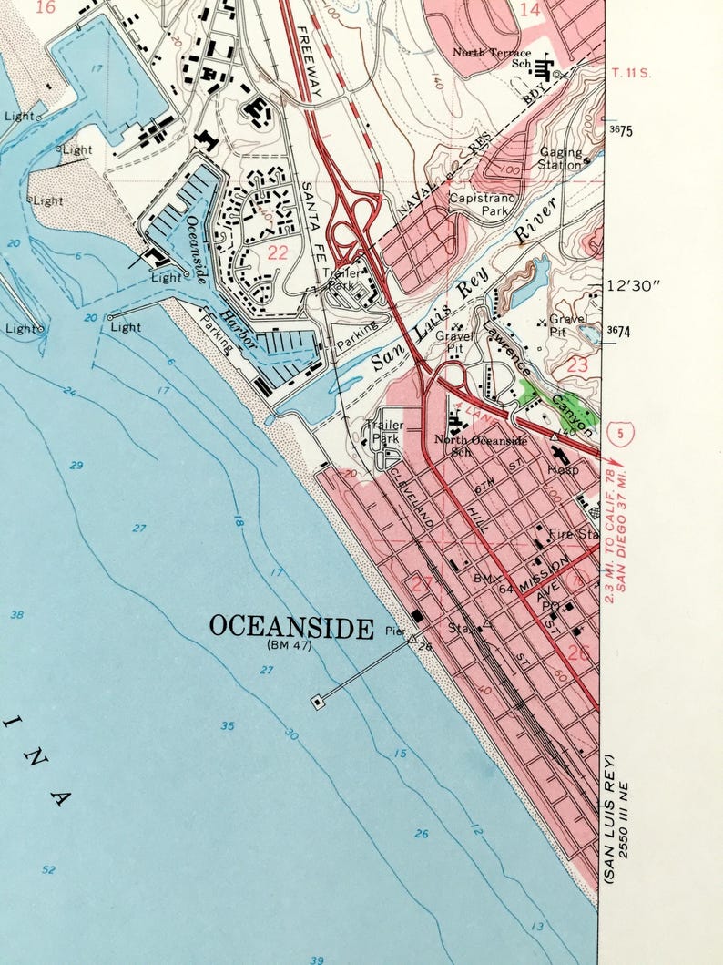 Antique Oceanside, California 1968 US Geological Survey Topographic Map ...
