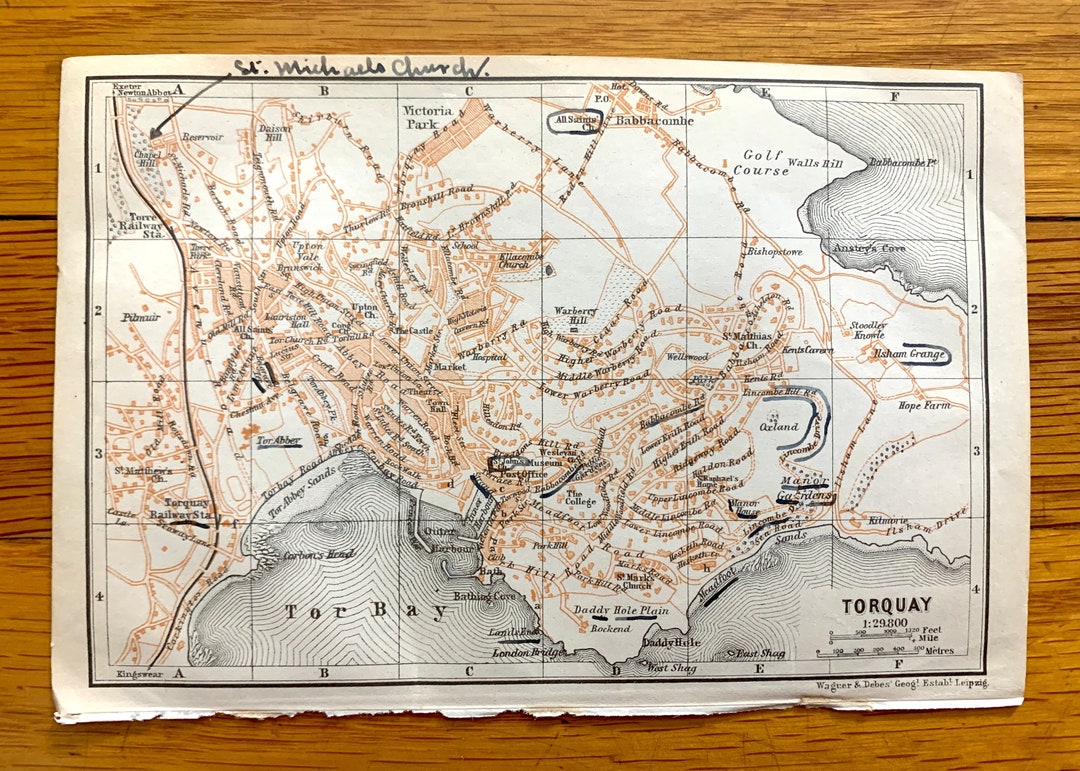 Antique 1906 Torquay, England Map From Baedekers Atlas of Great Britain ...