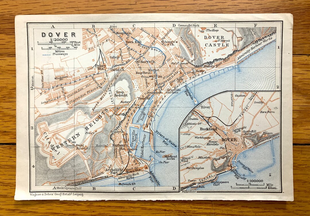 Antique 1906 Dover, England Map From Baedekers Atlas of Great Britain ...