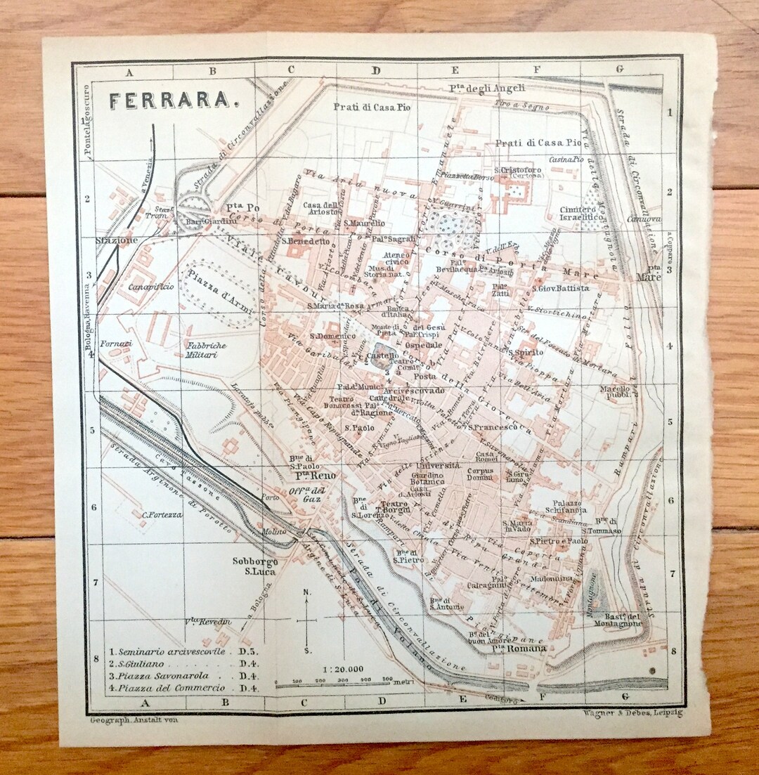 Antique 1904 Ferrara, Italy Map From Baedekers Guide – Emilia-romagna ...