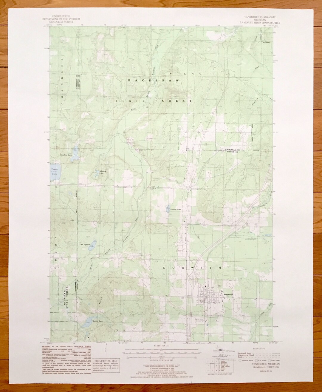 Antique Vanderbilt, Michigan 1986 US Geological Survey Topographic Map ...