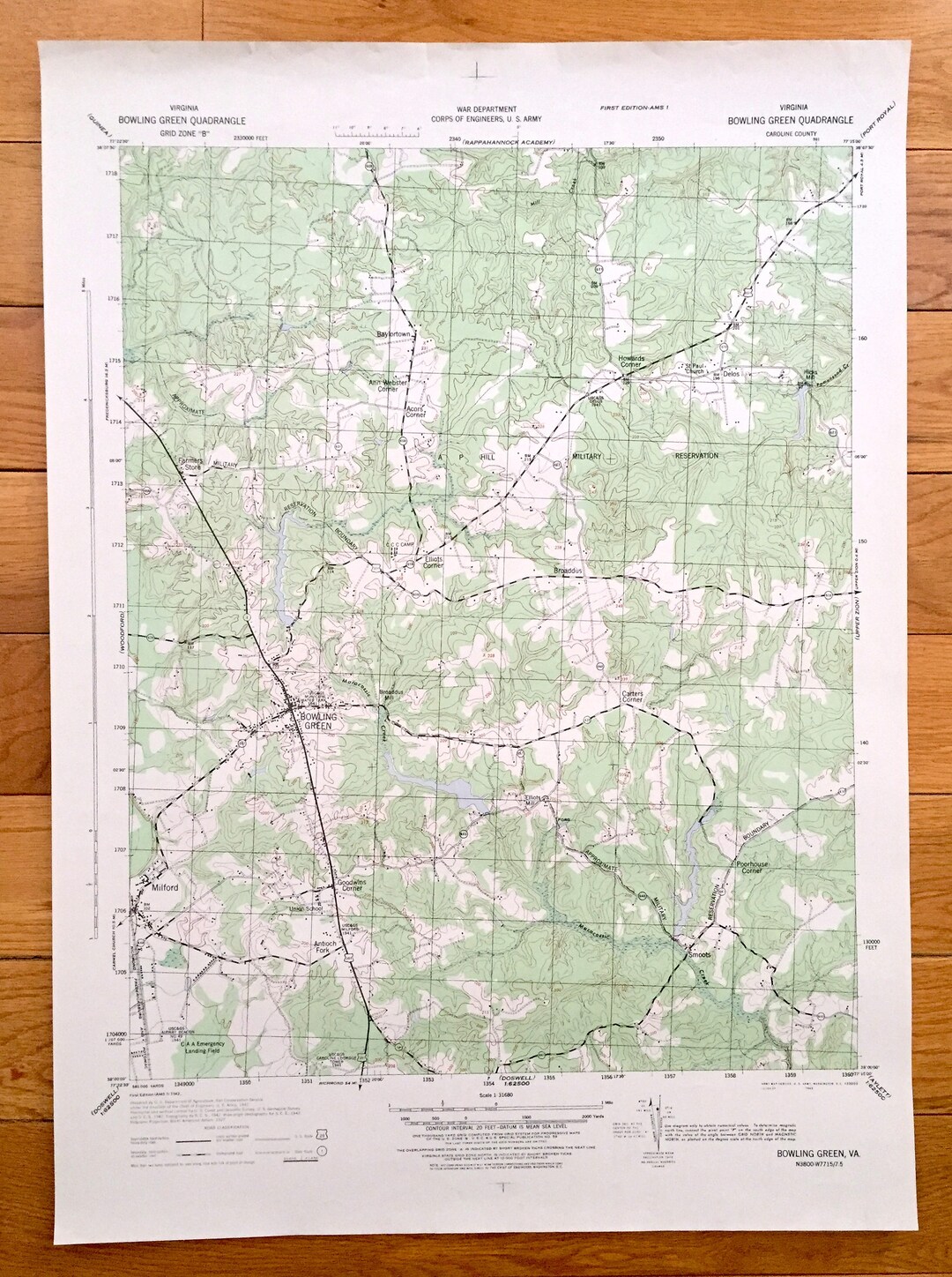 Antique Bowling Green, Virginia 1942 US Army Topographic Map — Caroline ...