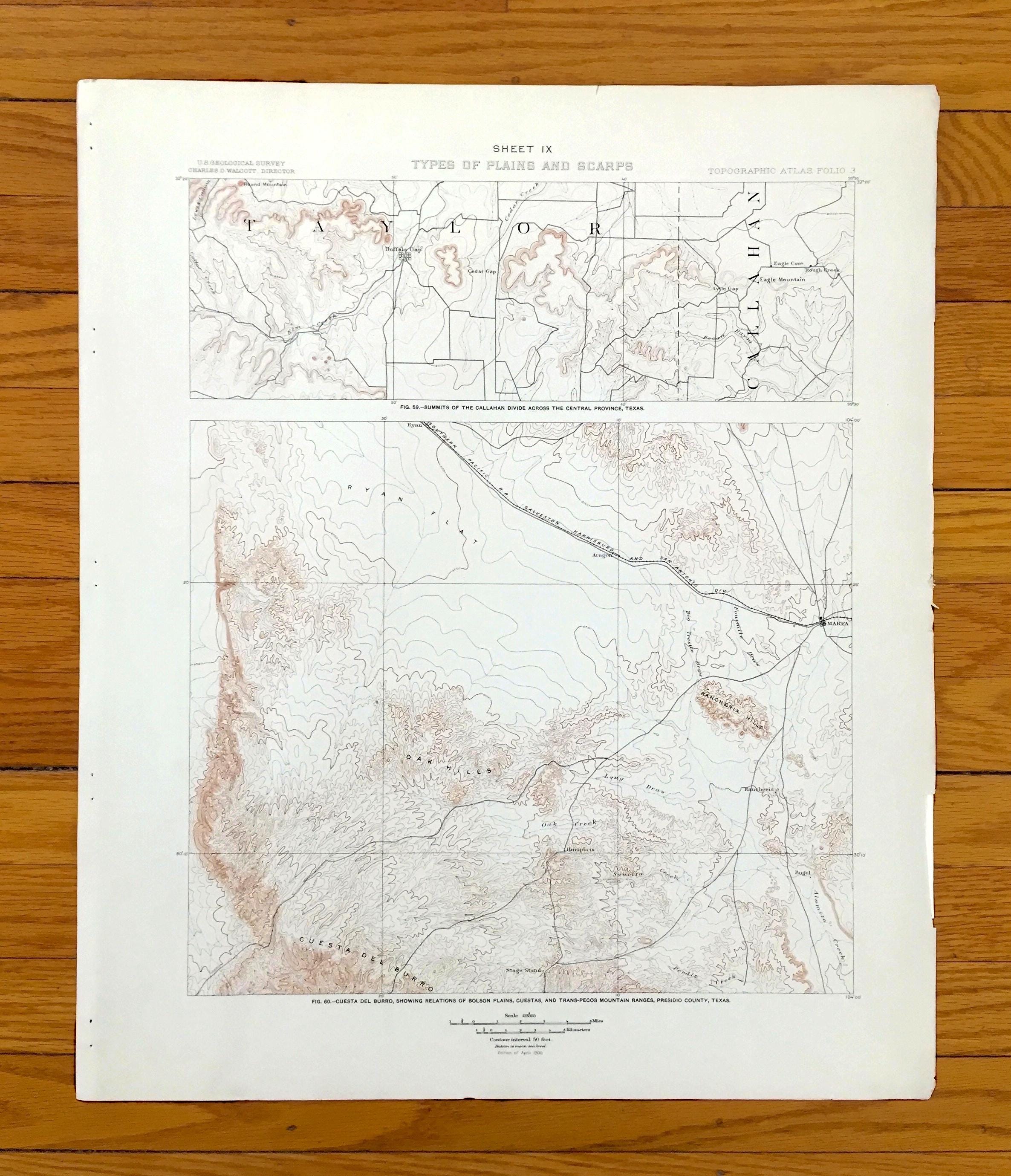 Antique Marfa, Texas 1900 Types of Plains and Scarps Map From US ...