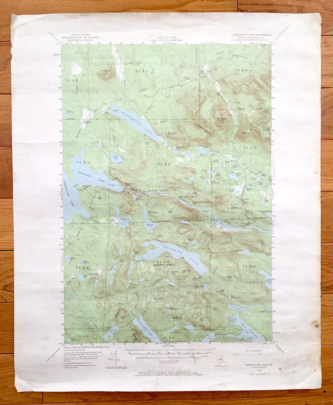 Antique Harrington Lake, Maine 1954 US Geological Survey Topographic ...