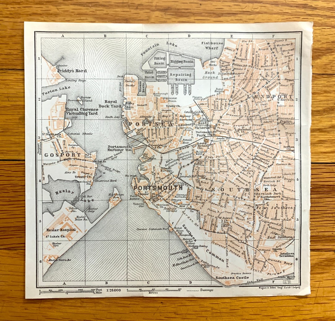 Antique 1906 Portsmouth, England Map From Baedekers Atlas of Great ...