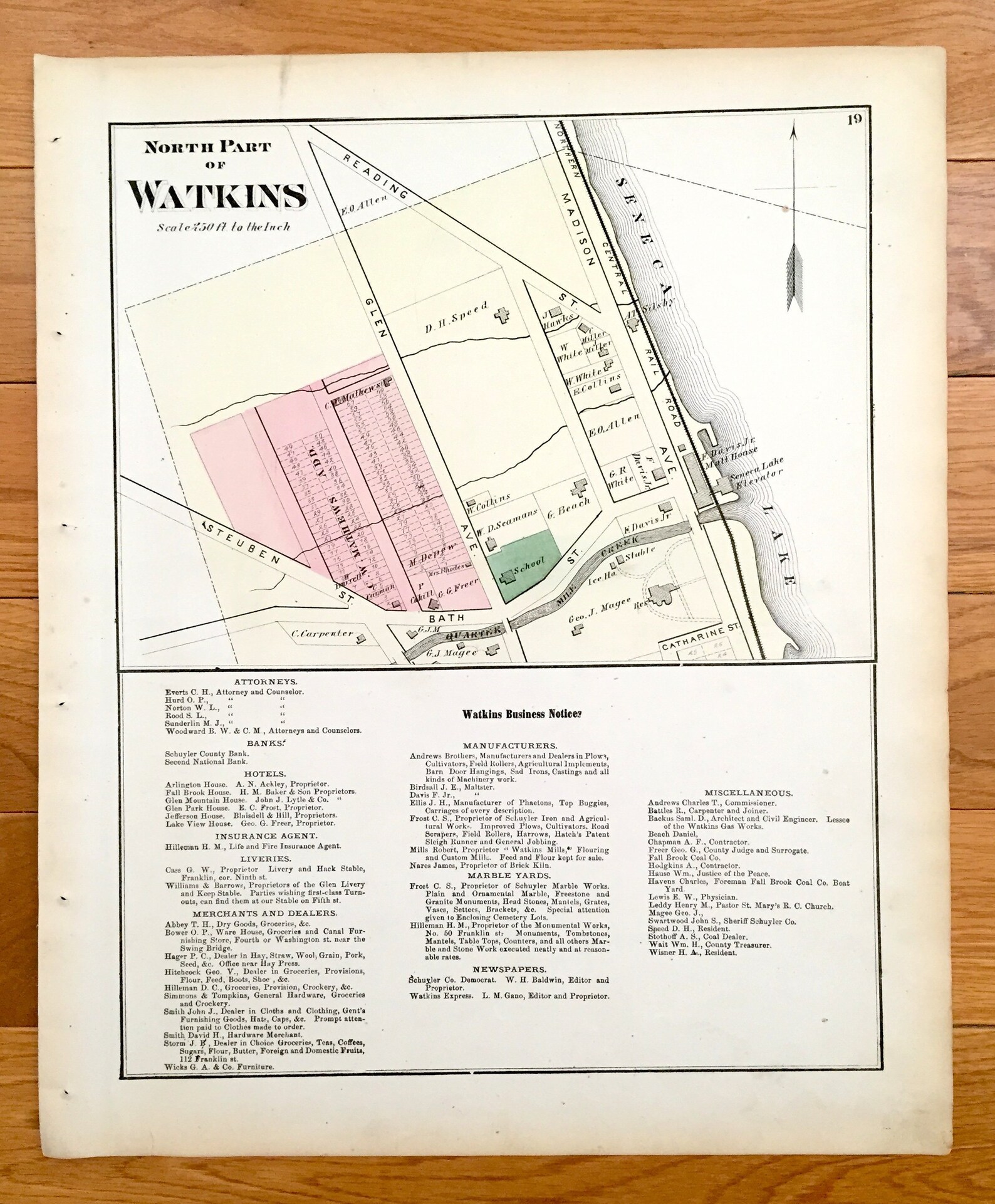 Antique 1874 Watkins Glen, New York Map From Pomeroy, Whitman & Co ...