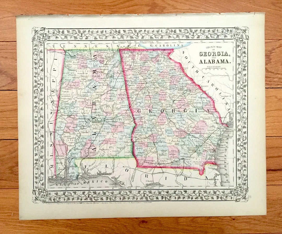 Antique 1871 Georgia & Alabama State Map by S.A. Mitchell – Atlanta ...