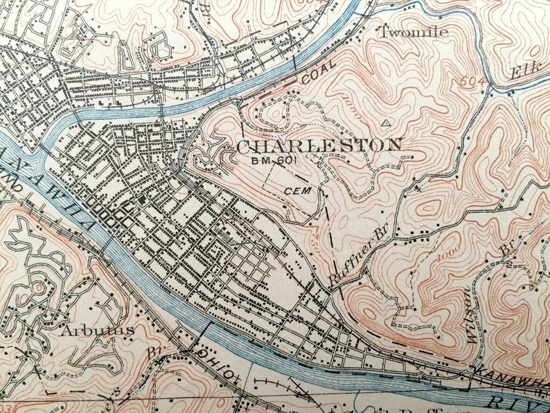 Antique Charleston, West Virginia 1909 US Geological Survey Topographic ...
