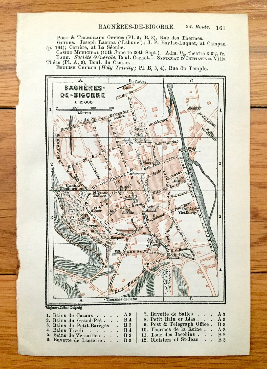 Antique 1914 Bagneres De Bigorre, France Map From Baedekers Guide Atlas ...