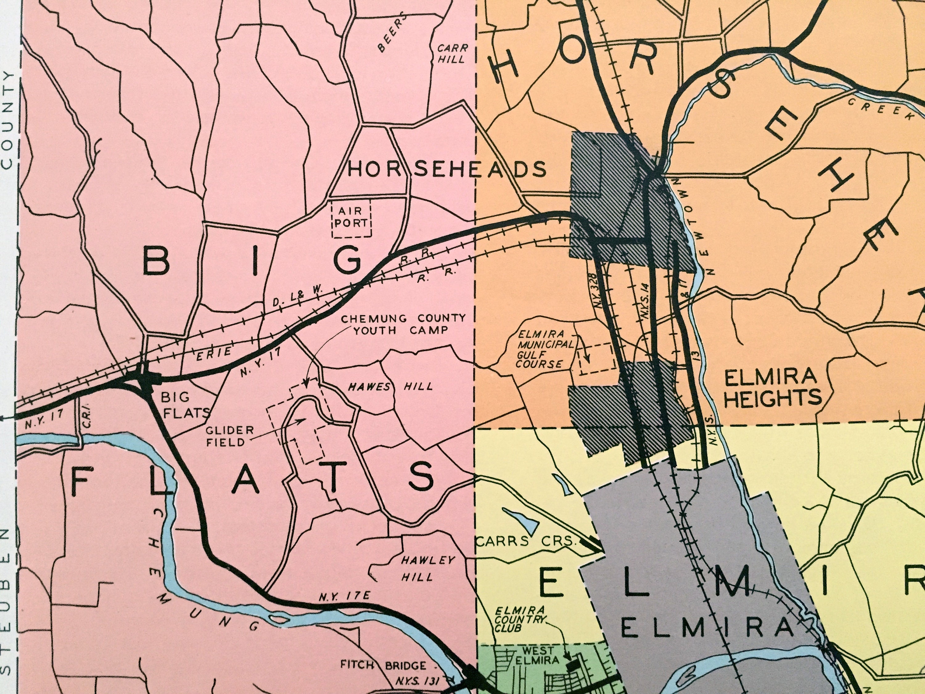 Antique Chemung County, New York 1941 Historical Atlas Map Elmira ...