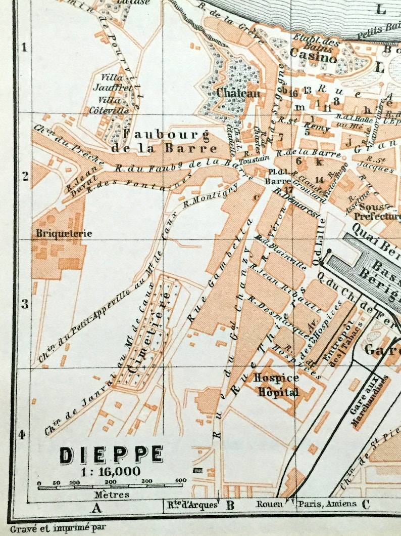 Antique 1909 Dieppe France Map From Baedekers Guide Atlas - Etsy