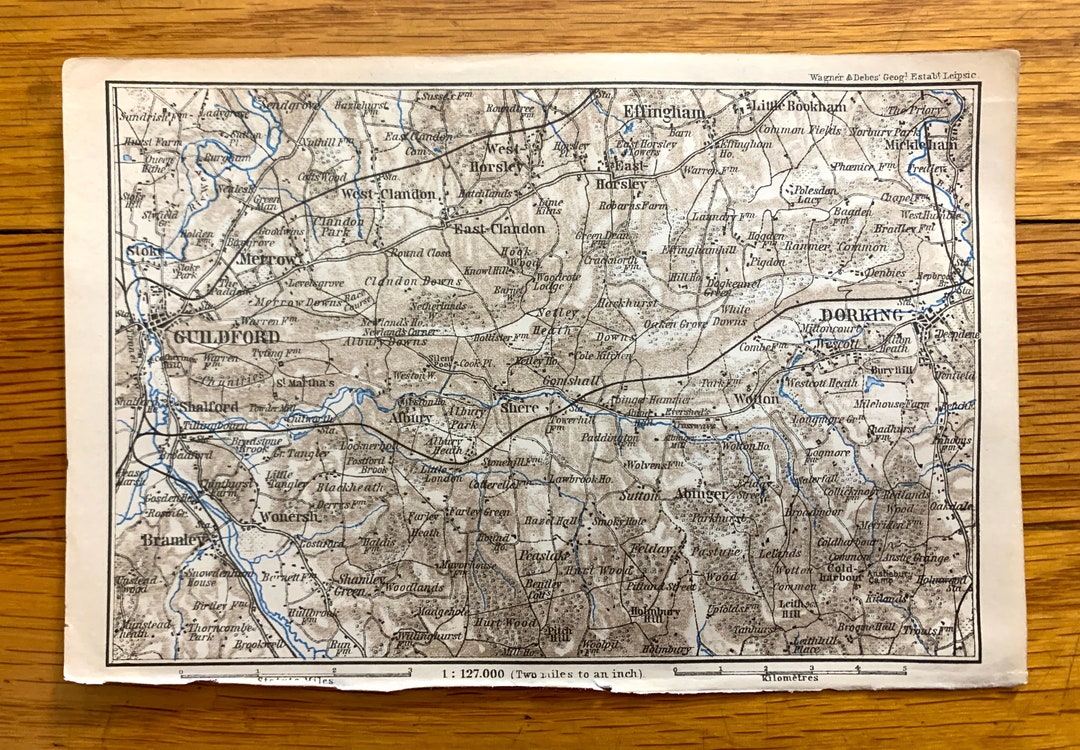 Antique 1906 Guildford & Dorking, England Map From Baedekers Atlas of ...