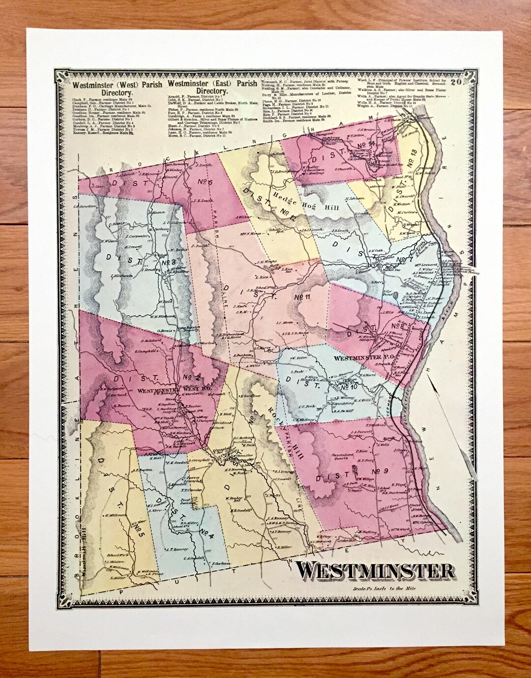 Antique 1869 Westminster, Vermont Map From J.B. Beers Atlas of Windham ...