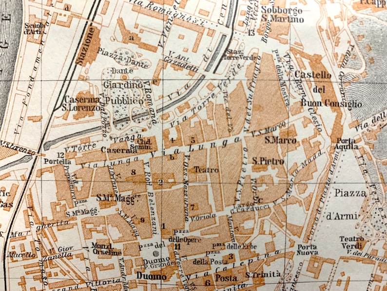 Antique 1913 Trento, Italy Map From From Baedekers Guide – Tyrol, River ...