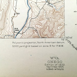 Antique Onego, West Virginia 1922 US Geological Survey Topographic Map ...