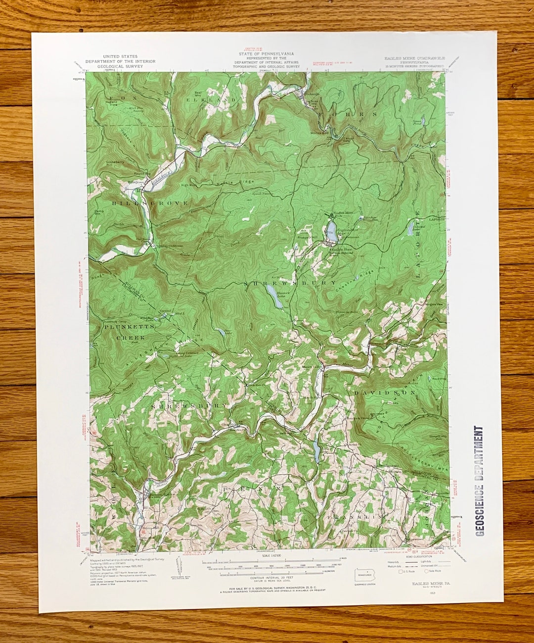Antique Eagles Mere, Pennsylvania 1953 US Geological Survey Topographic ...