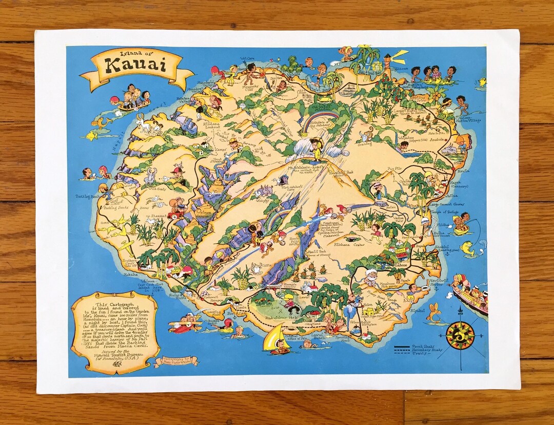 Antique 1931 Island of Kauai, Hawaii Map by Ruth Taylor – Garden Isle ...