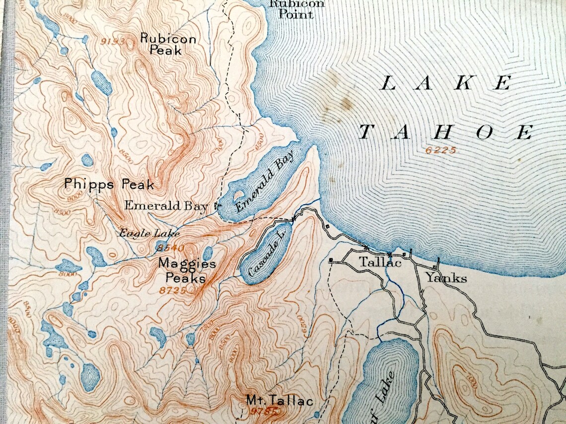 Antique Lake Tahoe, California 1896 US Geological Survey Topographic ...