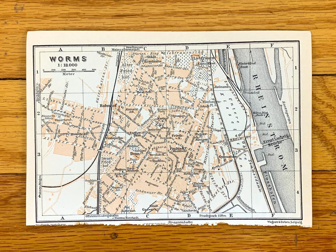 Antique 1911 Worms, Germany Map From Baedekers Guide Atlas – Rhineland ...