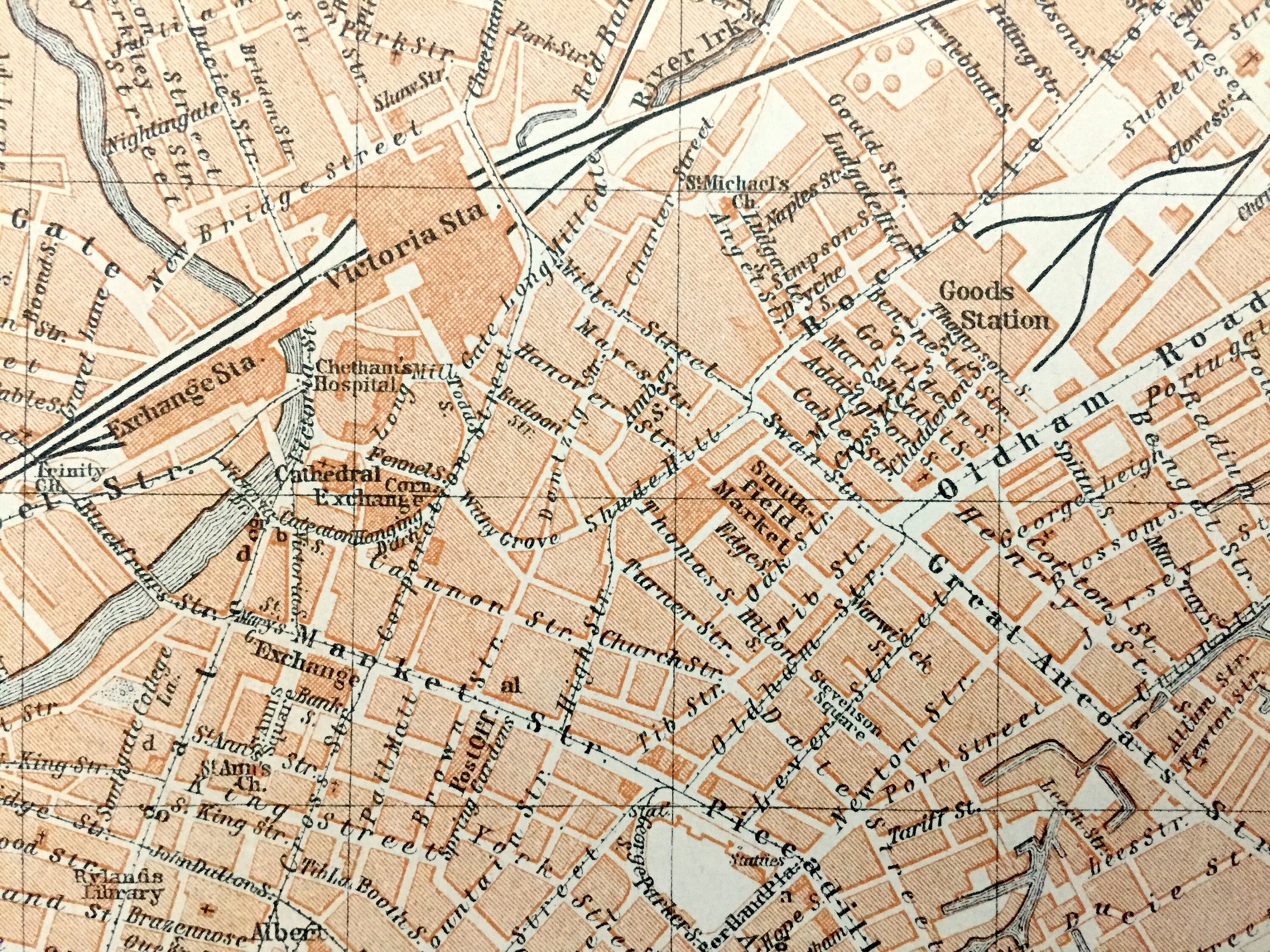Antique 1927 Liverpool & Manchester, England Map From Baedekers Atlas ...