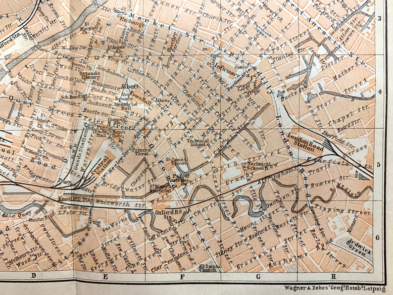 Antique 1906 Manchester, England Map From Baedekers Atlas of Great ...