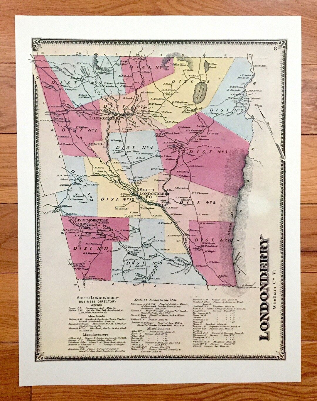Antique 1869 Londonderry, Vermont Map From J.B. Beers Atlas of Windham ...