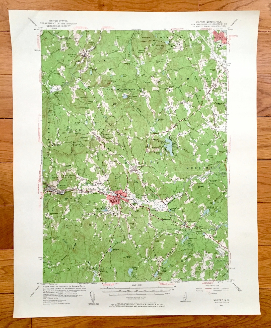 Antique Milford, New Hampshire 1953 US Geological Survey Topographic ...