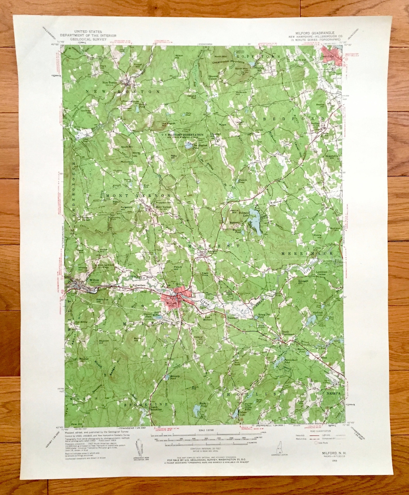 Antique Milford, New Hampshire 1953 US Geological Survey Topographic ...