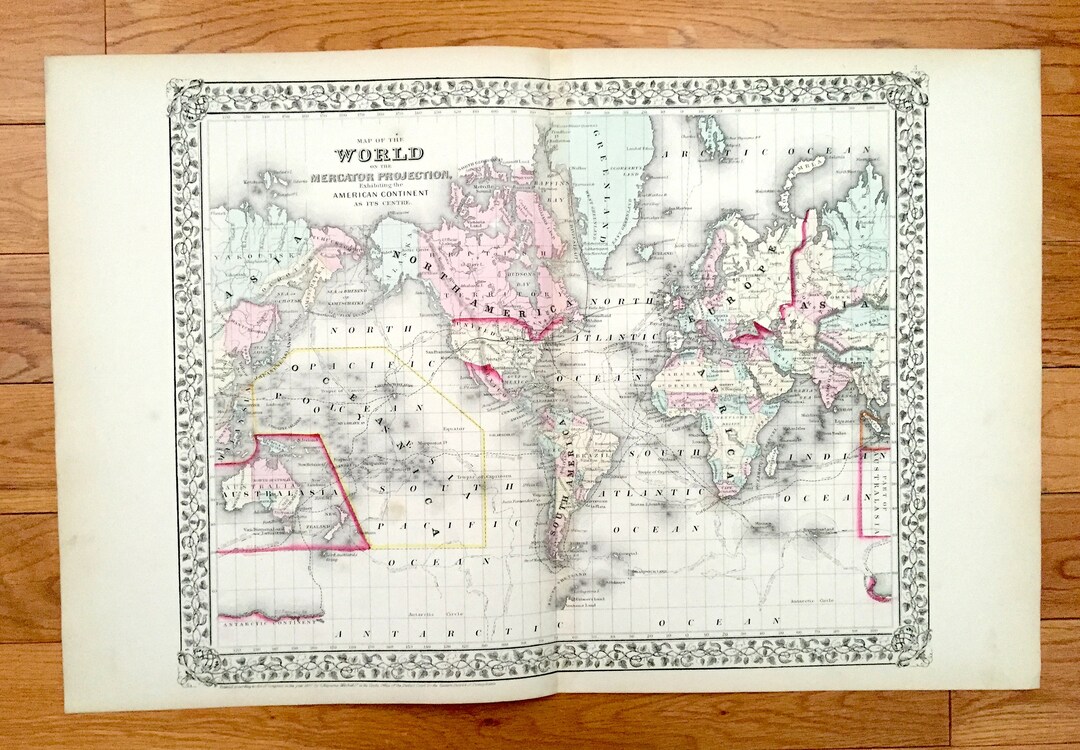 Antique 1871 World Mercator Map by S. Augustus Mitchell – North, South ...