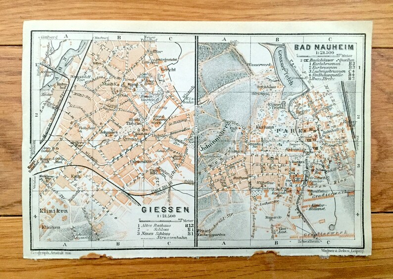 Antique 1925 Giessen and Bad Nauheim Germany Map From | Etsy