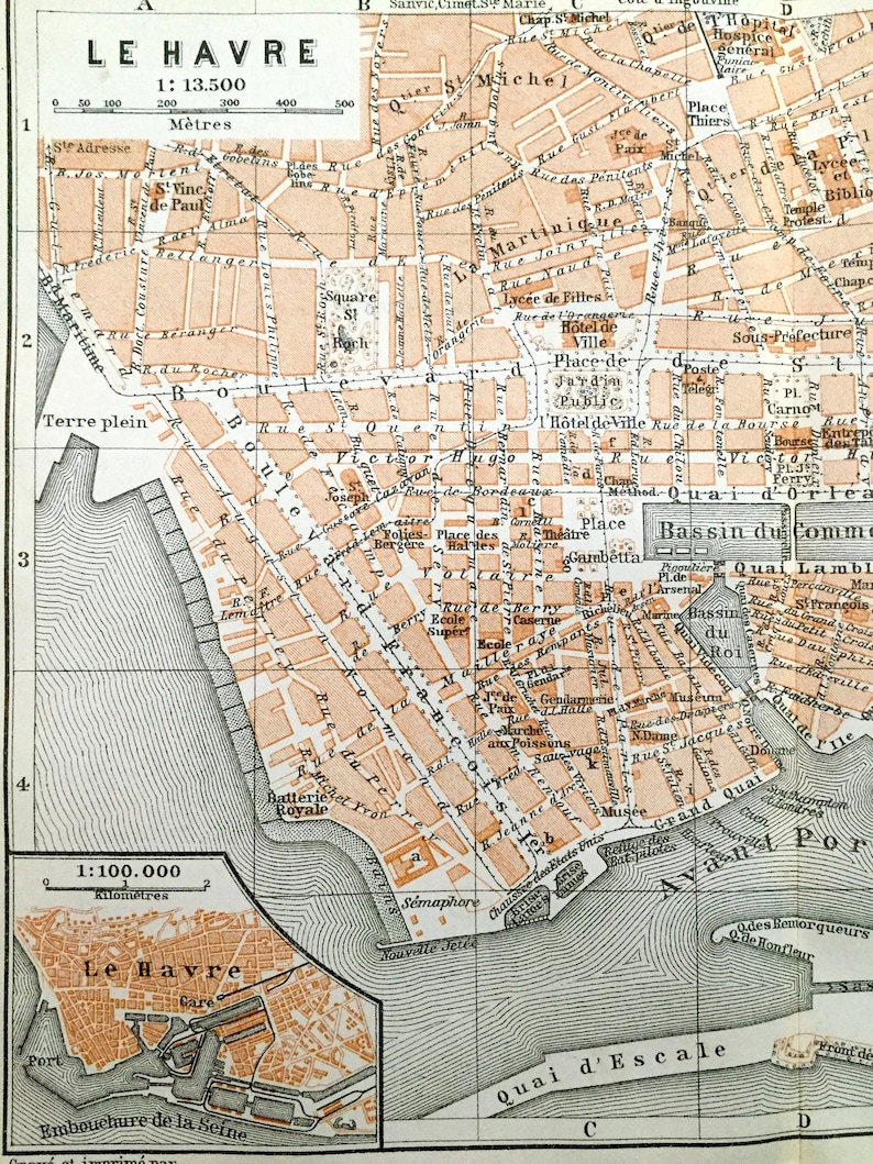 Antique 1909 Le Havre France Map From Baedekers Guide Atlas - Etsy