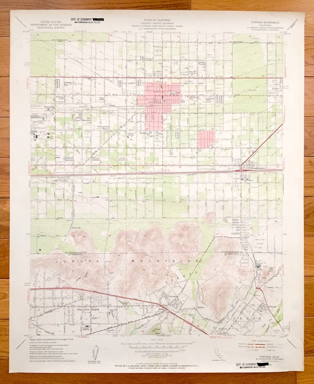 Antique Fontana, California 1953 US Geological Survey Topographic Map ...